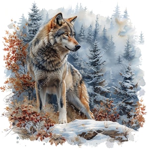 Watercolor Winter Wolf Forest Clipart Bundle JPEG Commercial Printable ...