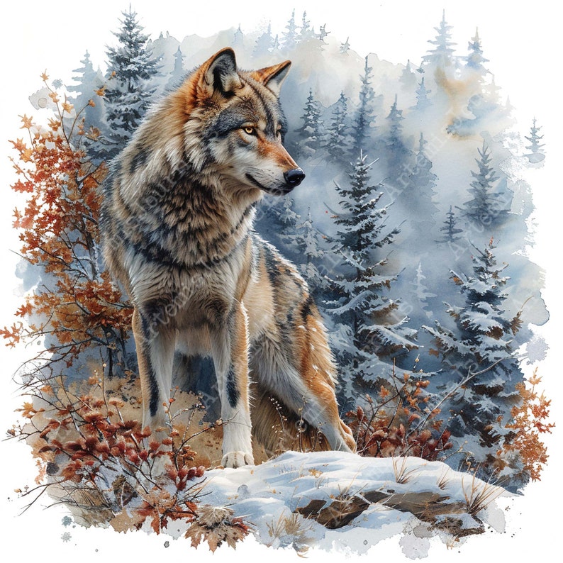 Watercolor Winter Wolf Forest Clipart Bundle JPEG Commercial Printable ...