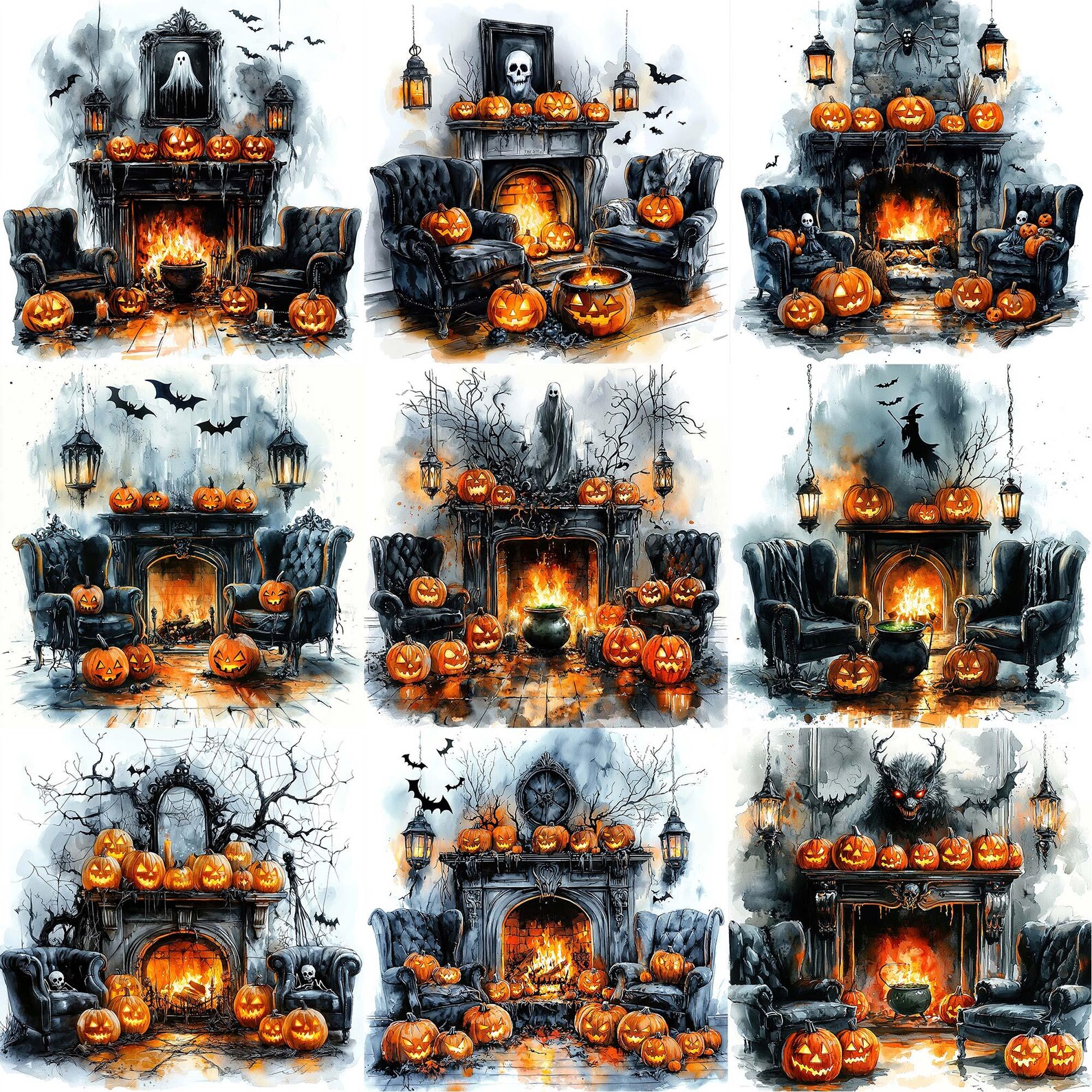 JPEG Watercolor Haunted Fireplace Clipart Bundle Spooky Livingroom ...