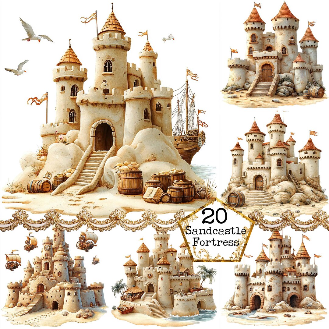JPEG Watercolor Sandcastle Clipart Bundle Summer Clipart Beach Clipart ...