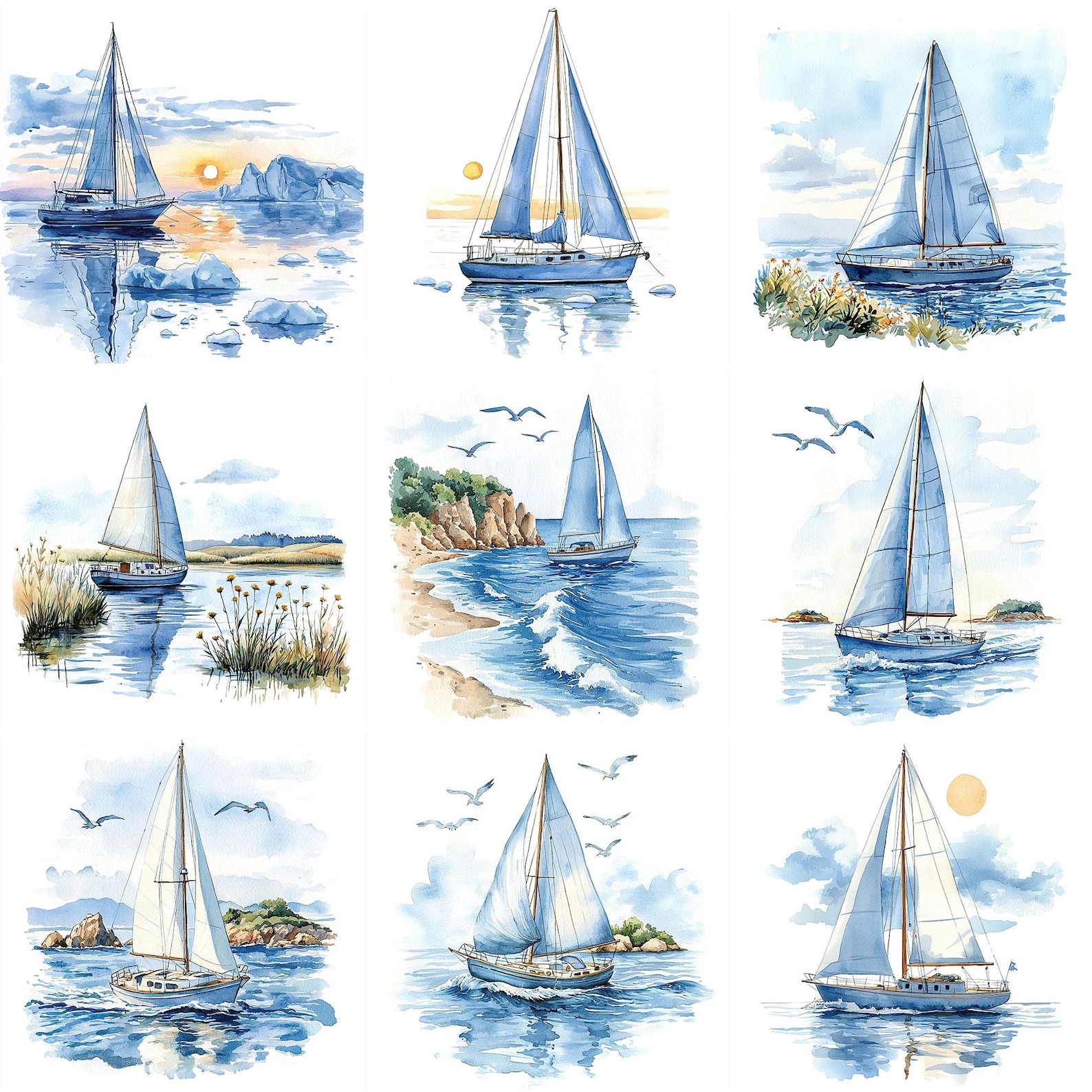 JPEG Watercolor Sailing Boat in the Sea JPEG Sailing Clipart Nautical ...