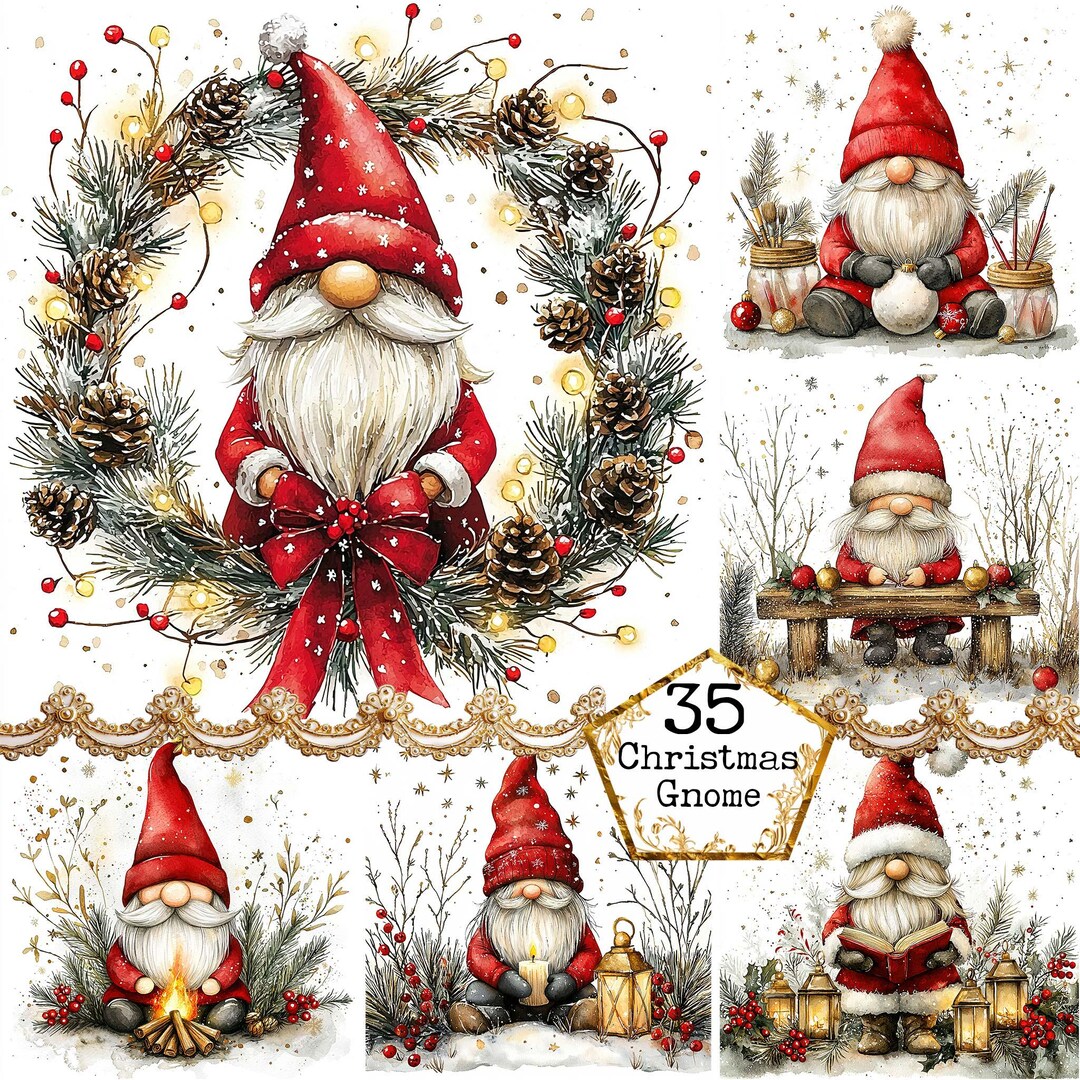 JPEG Watercolor Christmas Gnome Clipart Bundle Christmas Clipart Winter ...
