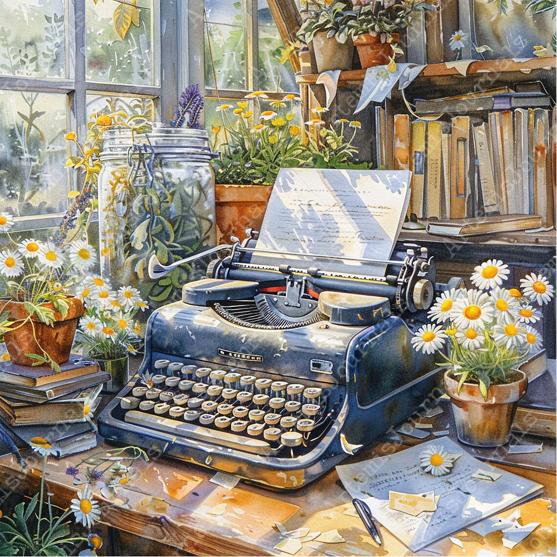 JPEG Watercolor Vintage Writer Desk With Typewriter Digital Background ...