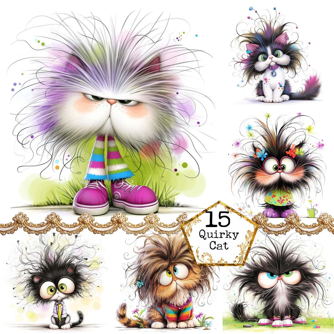 JPEG Watercolor Whimsical Cat Clipart Bundle Watercolor Quirky Cat ...