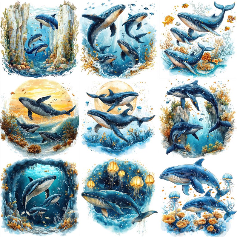 JPEG Watercolor Whale Family Clipart Bundle Sea Animal Ocean Animal ...