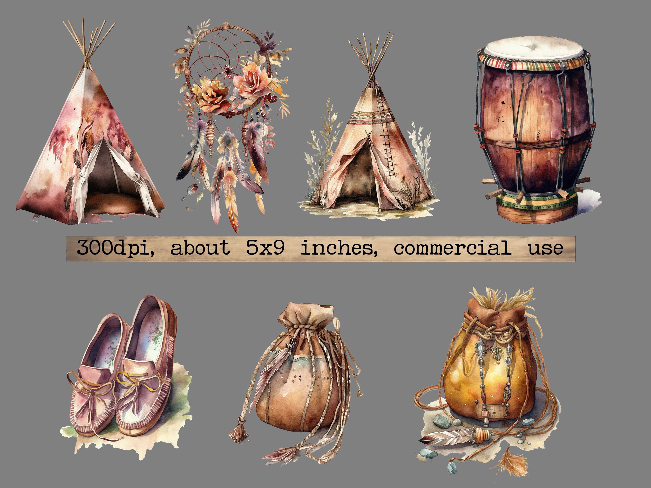 Native Americans Watercolor Clipart Png, Illustration Set, Drums ...