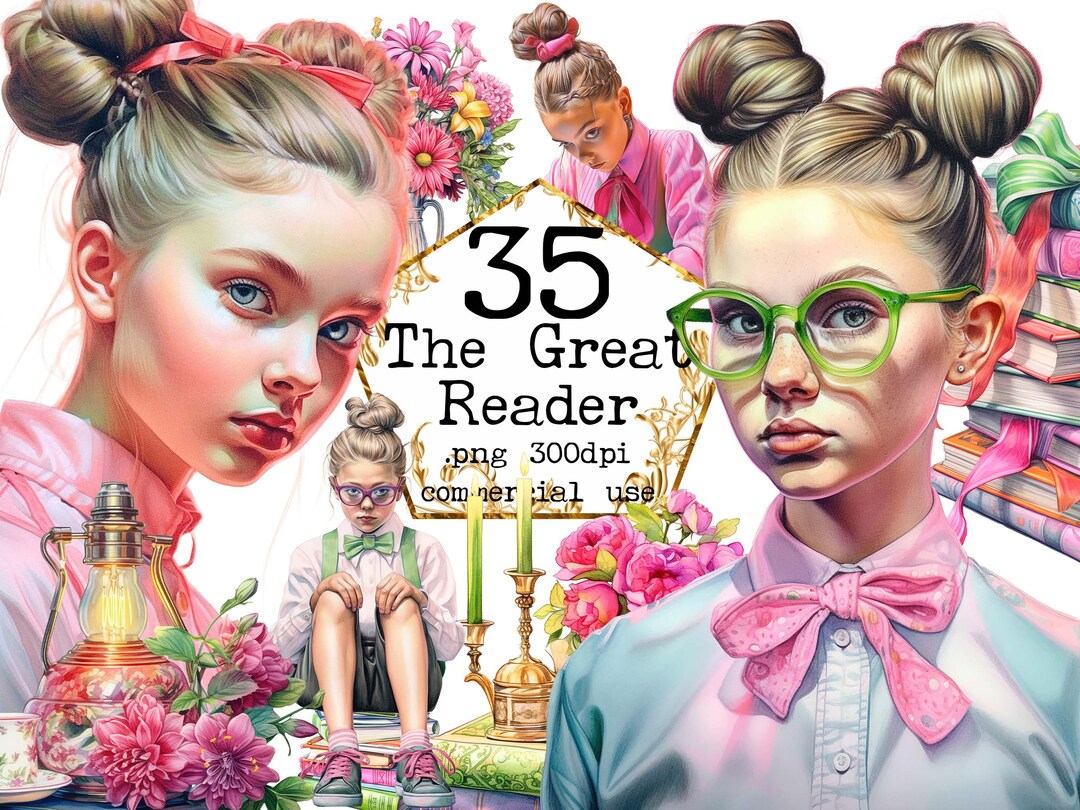 Watercolor Bookworm Clipart Set, Fashion Girl PNG Digital, Books ...