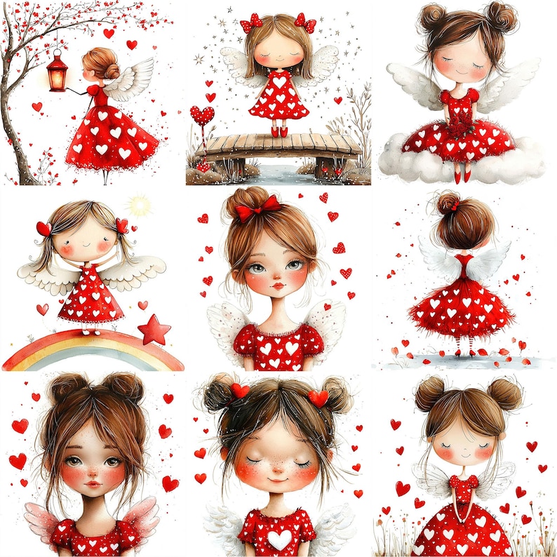 JPEG Watercolor Whimsical Valentine's Angel Clipart Bundle Cute Hearts ...