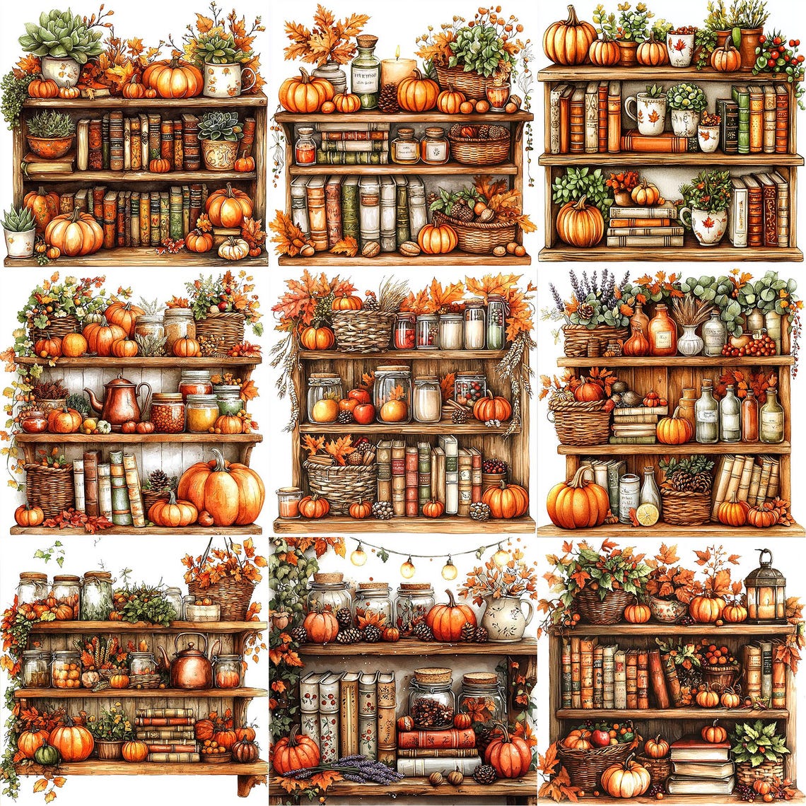 JPEG Autumn Shelf Clipart Bundle Bookshelves Pumpkin Spice Fall Clipart ...