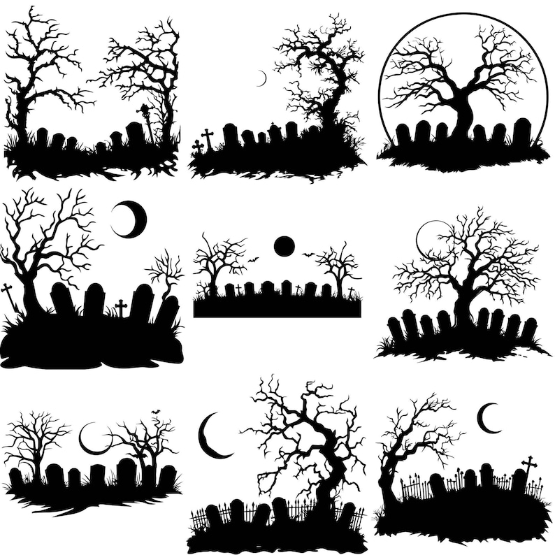 70 Graveyard Svg, Dxf, Eps, Ai, Pdf, Jpg, Png Spooky Graveyard Cemetery ...