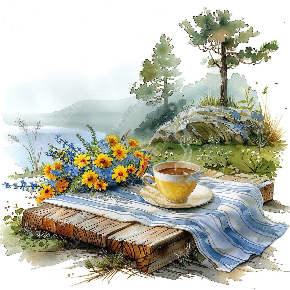 JPEG Watercolor Summer Picnic in the Forest Clipart Bundle JPEG ...