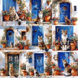 JPEG Watercolor Vintage Cottage Door and a Cat Illustration Cottagecore ...