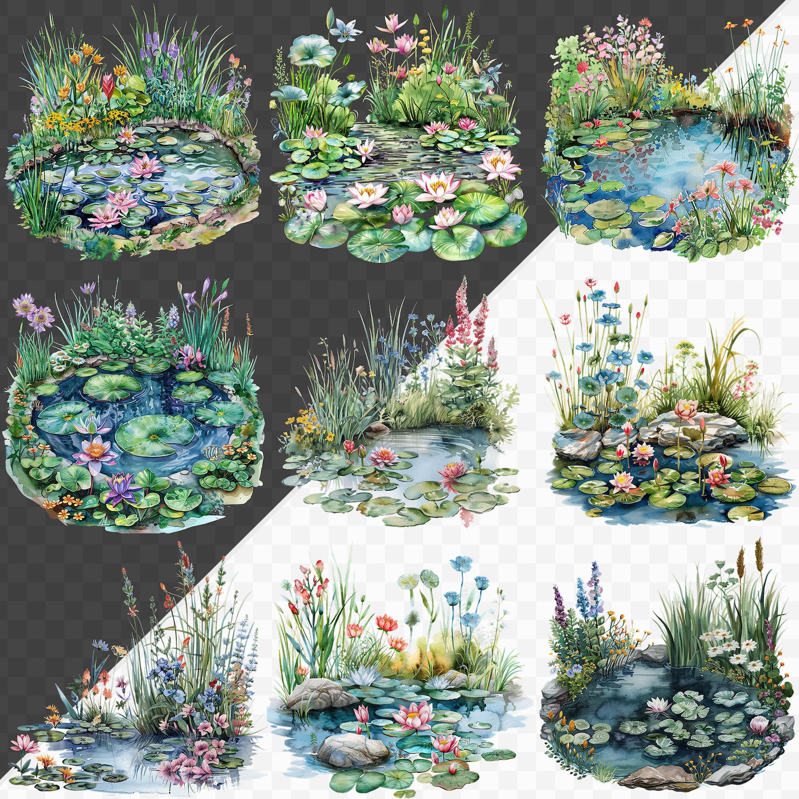 PNG Watercolor Ponds Clipart Bundle Landscape Clipart Commercial Use ...
