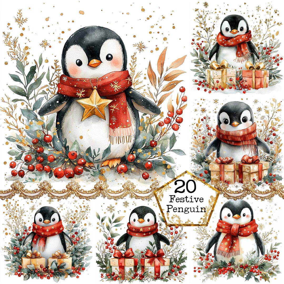 JPEG Watercolor Christmas Penguin Clipart Bundle Festive Clipart ...