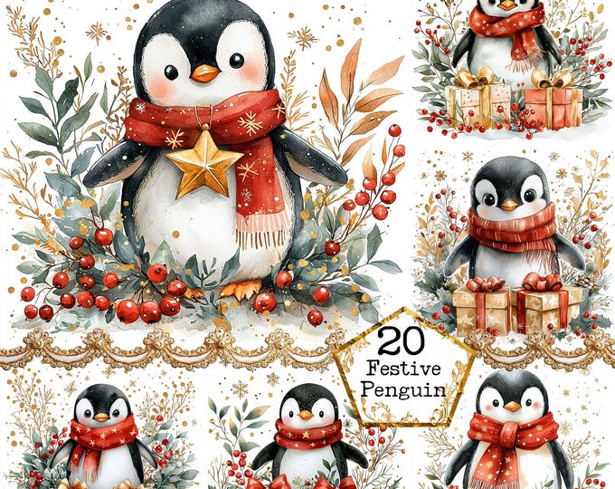 12 Christmas Penguins Clipart Bundle, Printable Watercolor Cute Penguin ...