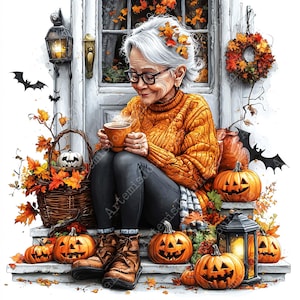 JPEG Cute Grandma Autumn Porch Clipart Bundle Grandma and Coffee ...