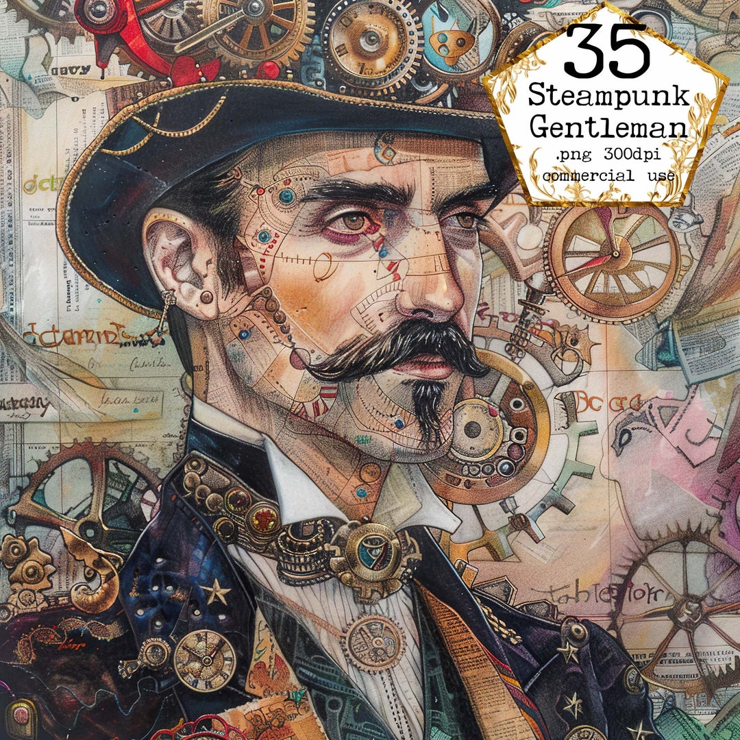 PNG Steampunk Collage Sheet Gentleman Paper Pack, Printable, Steampunk ...