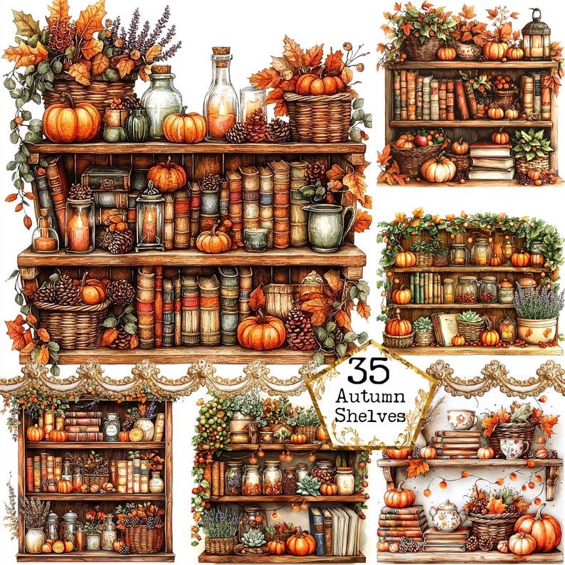 JPEG Autumn Shelf Clipart Bundle Bookshelves Pumpkin Spice Fall Clipart ...
