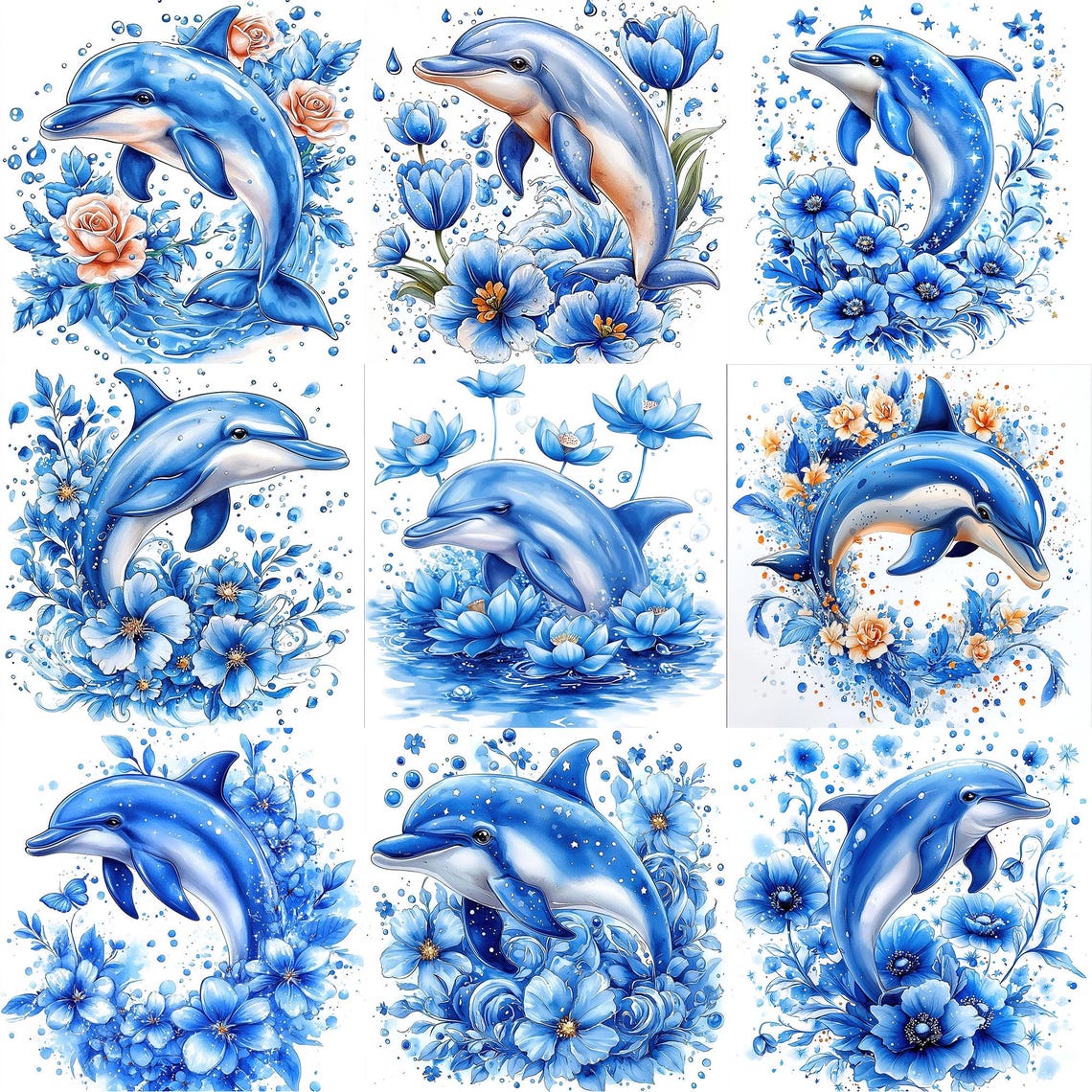 JPEG Watercolor Dolphin Clipart Bundle Floral Dolphin Clipart Sea Life ...