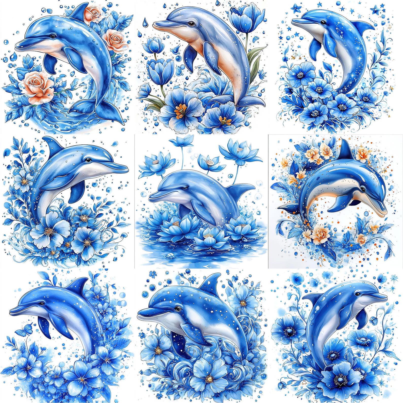 JPEG Watercolor Dolphin Clipart Bundle Floral Dolphin Clipart Sea Life ...