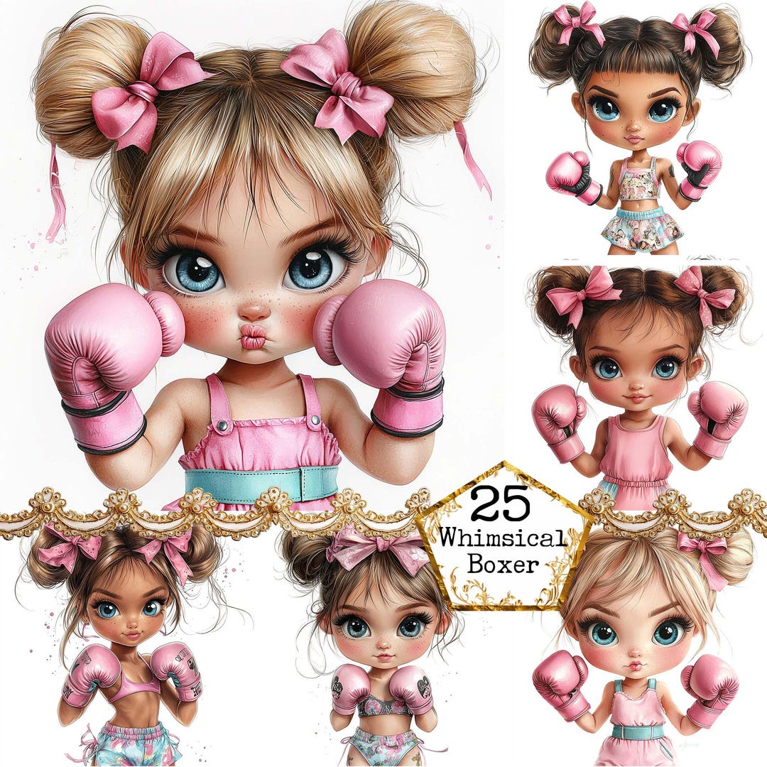 JPEG Cute Chibi Boxing Girl Clipart Bundle Pink Fashion Girl Strong ...