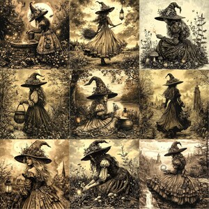 JPEG Vintage Witchy Backgrounds Lithograph Papers Monochromatic Witch ...