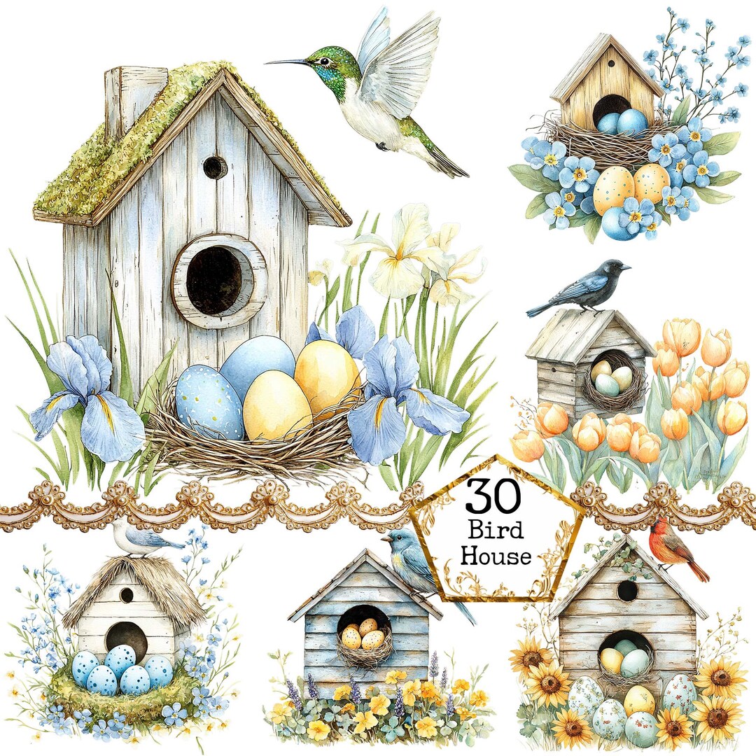 PNG + JPEG Watercolor Easter Bird House Clipart Bundle Easter Egg ...