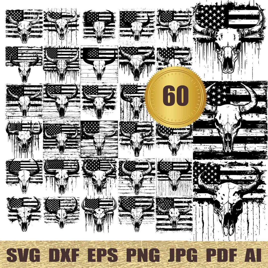 60 Distressed Bull Skull USA Flag Svg Bull Skull Svg Rodeo Svg Cowboy ...