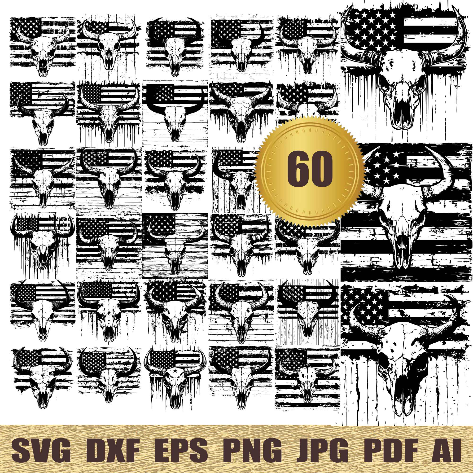 60 Distressed Bull Skull USA Flag Svg Bull Skull Svg Rodeo Svg Cowboy ...