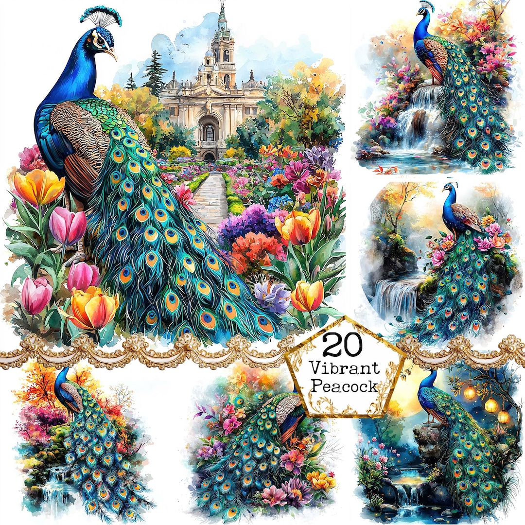 JPEG Watercolor Fancy Magical Peacock Clipart Bundle Instant Download ...