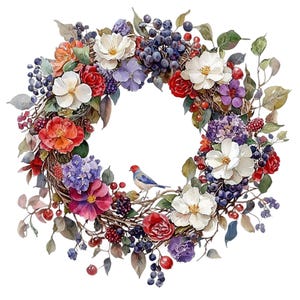 PNG + JPEG Watercolor Bird Wreath Clipart Bundle Spring Clipart Floral ...