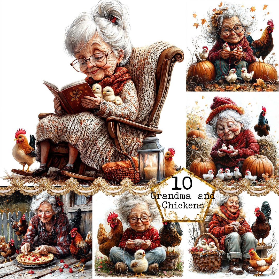JPEG Watercolor Grandma and Chickens Clipart Bundle Cozy Clipart ...