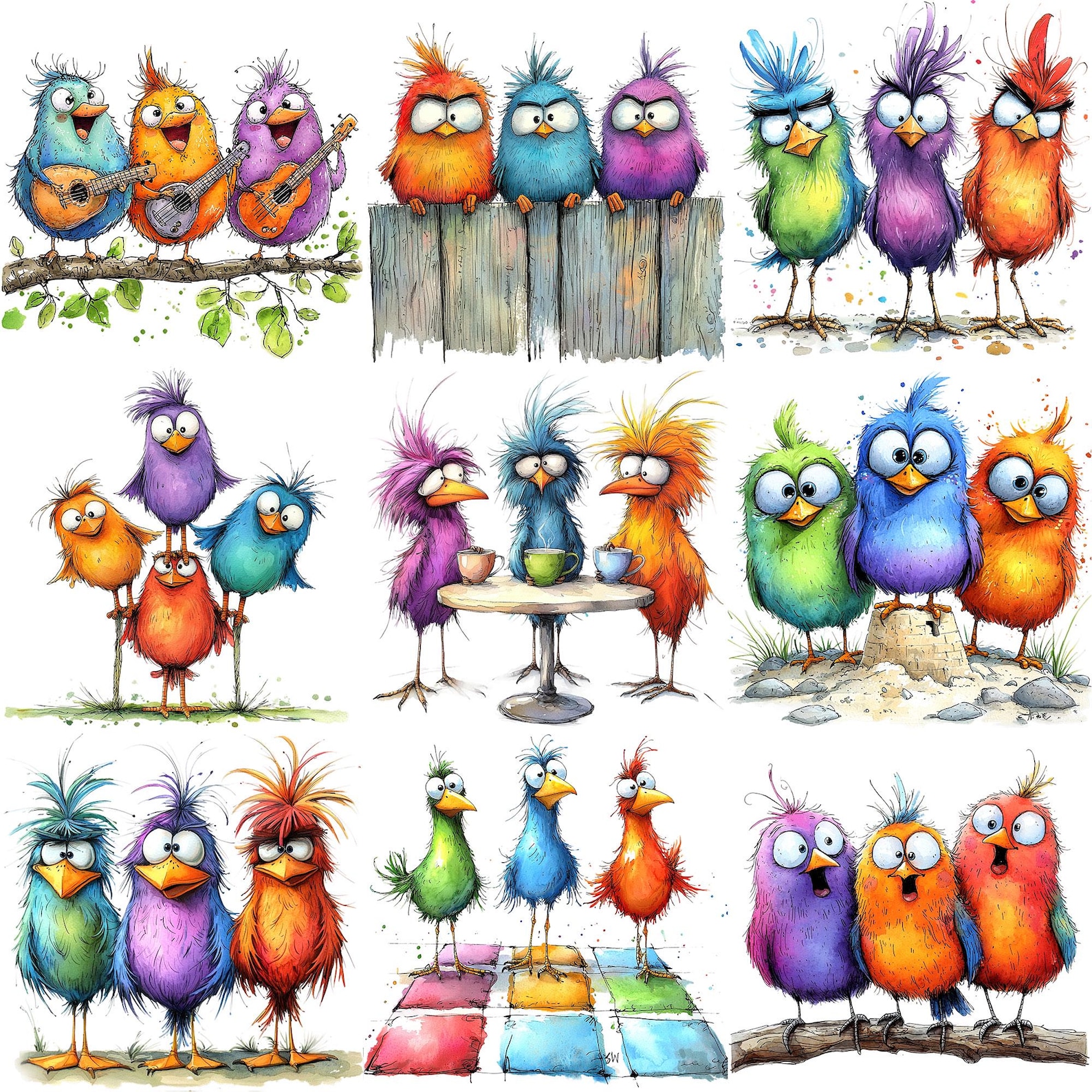 PNG + JPEG Colorful Watercolor Whimsical Birds Clipart Bundle Funny ...