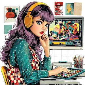 JPEG Retro Pop Art Inspired Girl Working From Home Bundle Pop Art Retro ...