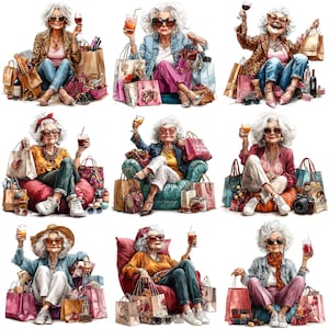 JPEG Watercolor Shopping Granny Clipart Bundle Senior Lady With ...