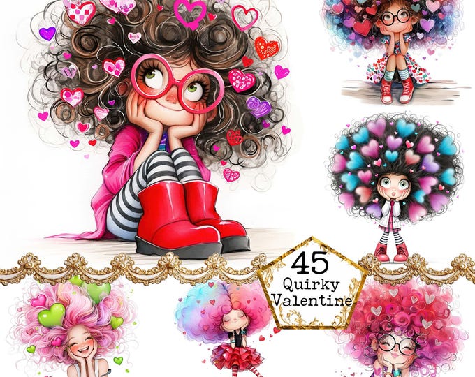 Quirky Valentine Girl Clipart 10 High Res Watercolor Jpgs for Junk ...
