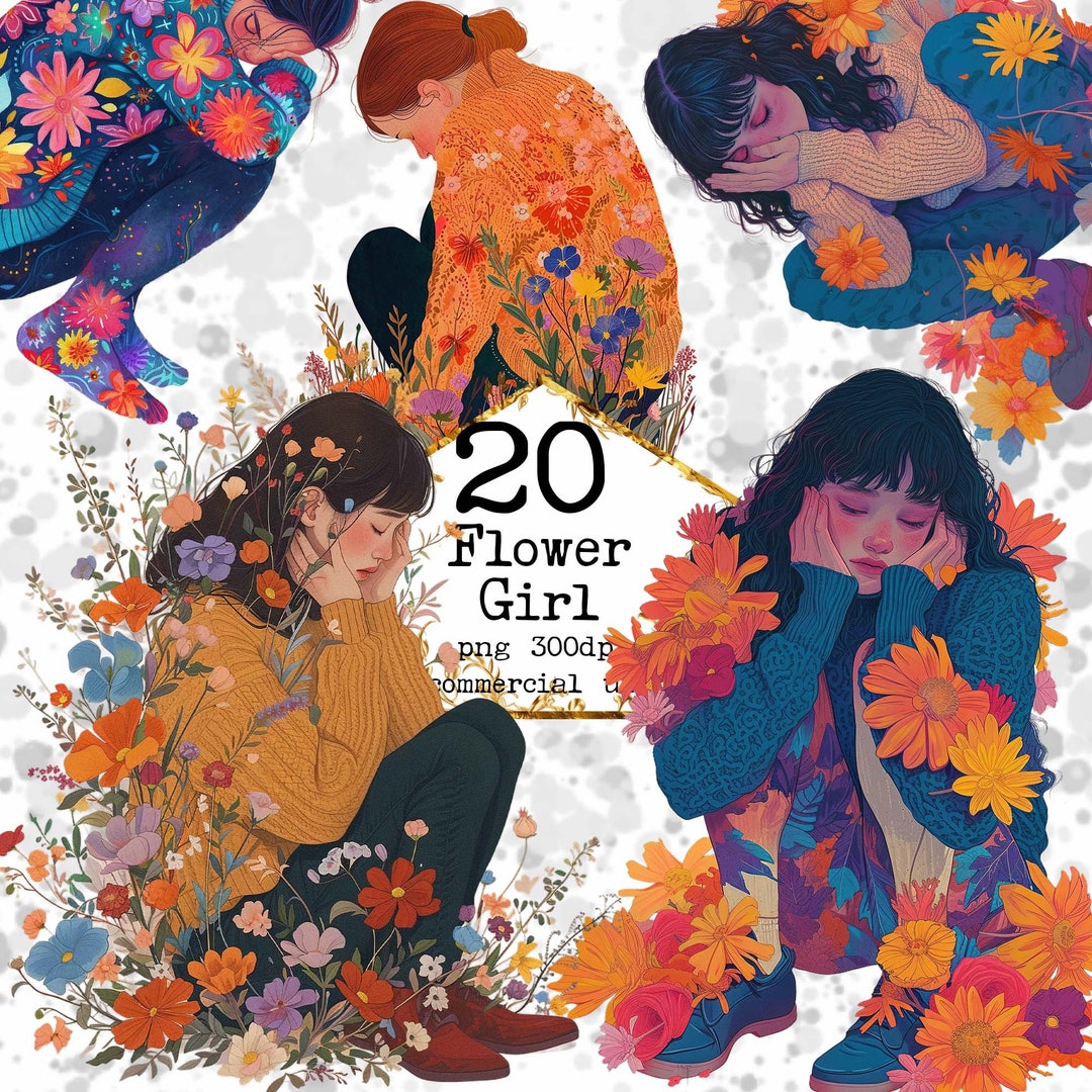 Floral Spring Girl Clipart Bundle PNG Abstract Art Floral Graphics ...