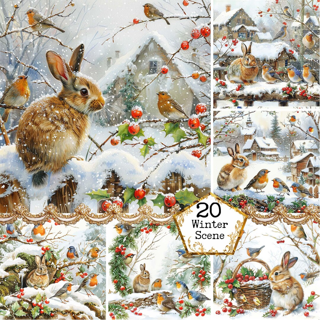 JPEG Watercolor Woodland Papers Rabbit and Birds Clipart Winter Forest ...