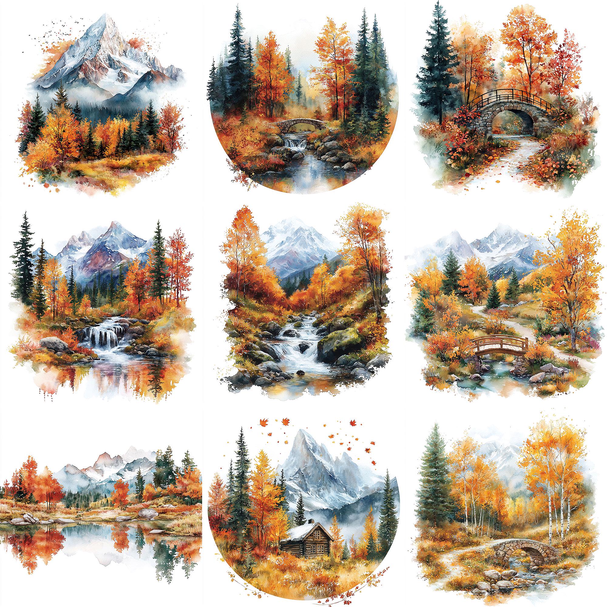 JPEG Watercolor Autumn Mountain Clipart Bundle Fall Mountain Scenery ...