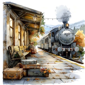 JPEG Watercolor Vintage Train Station Clipart Bundle JPEG Commercial ...