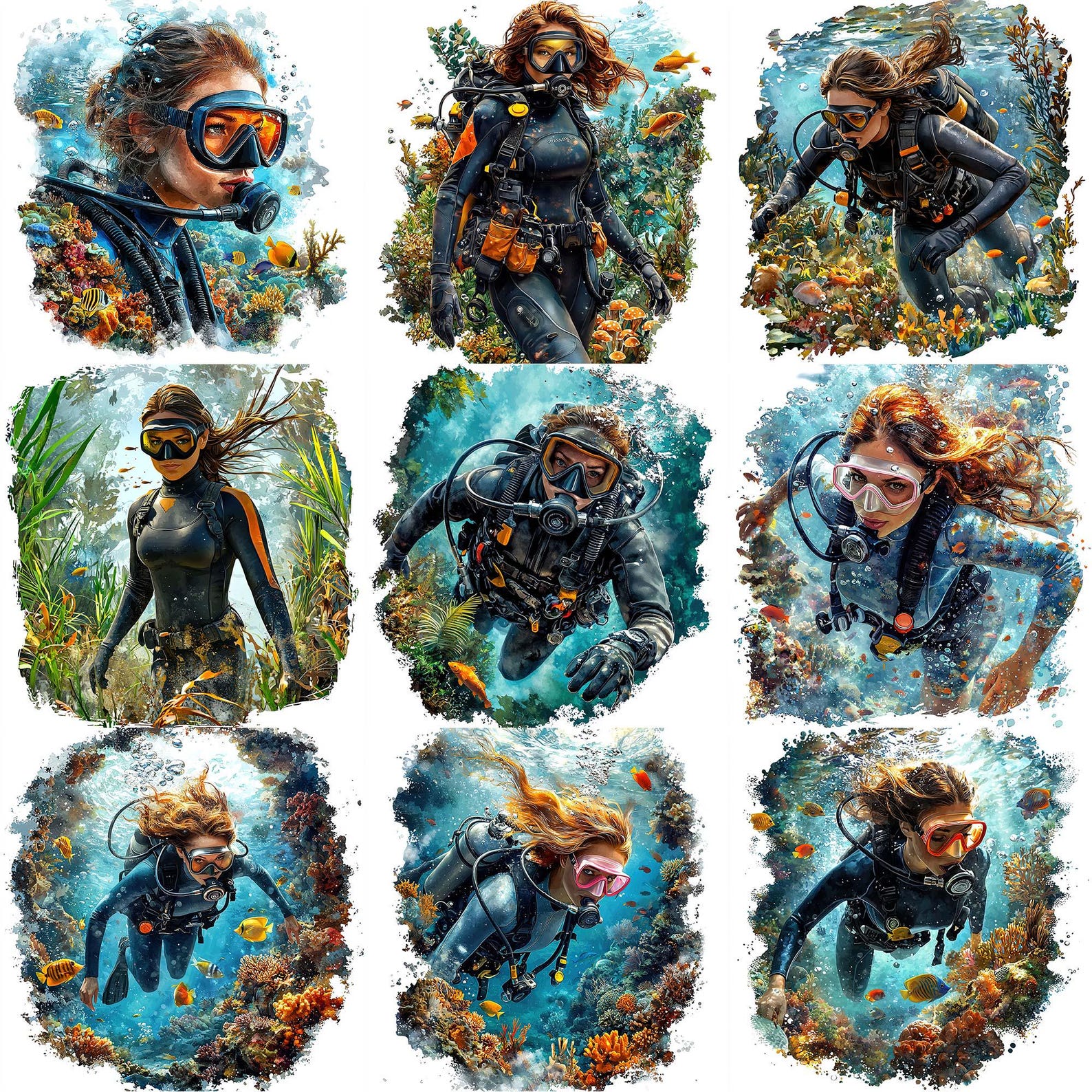JPEG Woman Diving Clipart Bundle Scuba Diving Clipart Underwater ...
