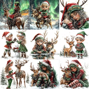 JPEG Christmas Elf Girl With Reindeer Clipart Bundle Cute Winter ...