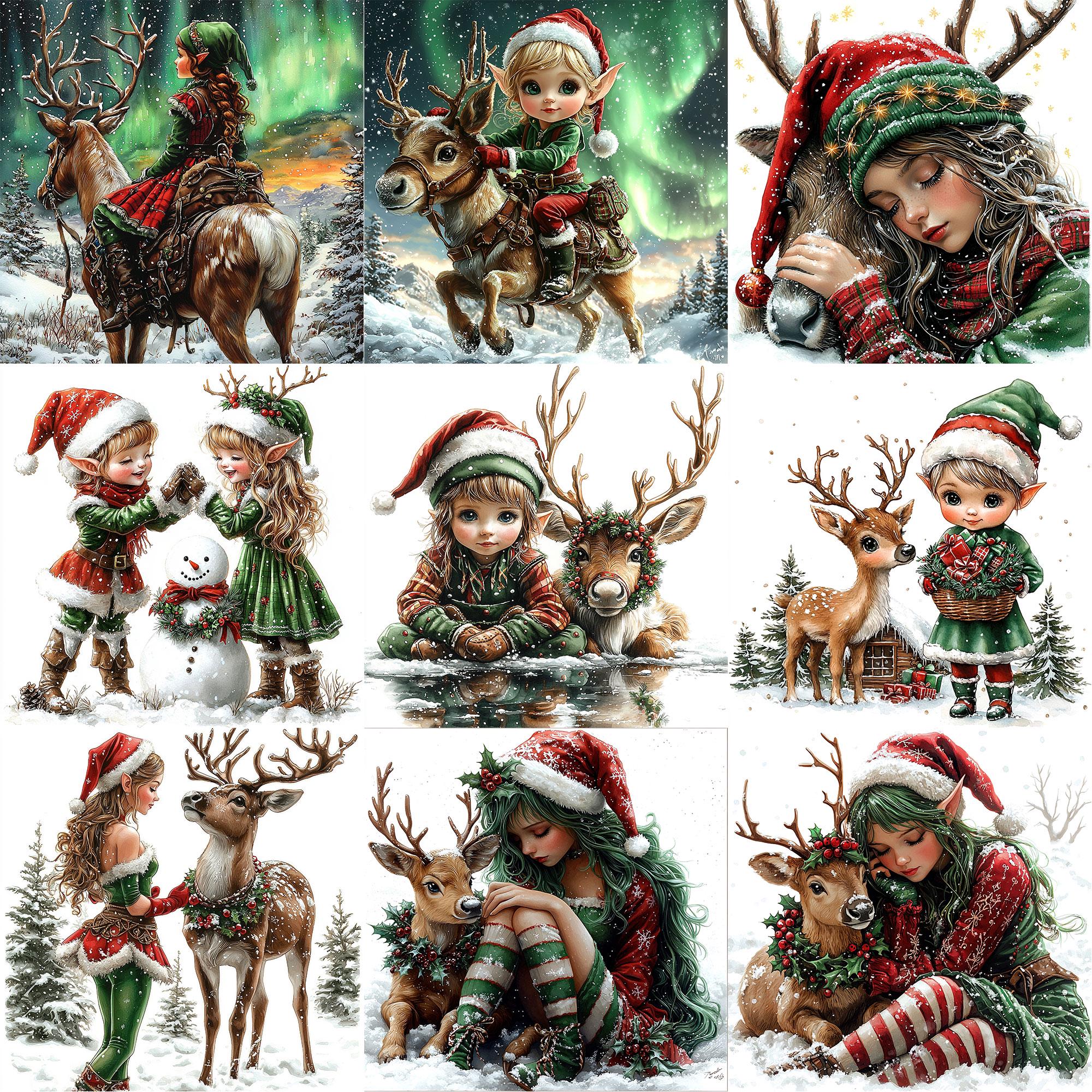JPEG Christmas Elf Girl With Reindeer Clipart Bundle Cute Winter ...
