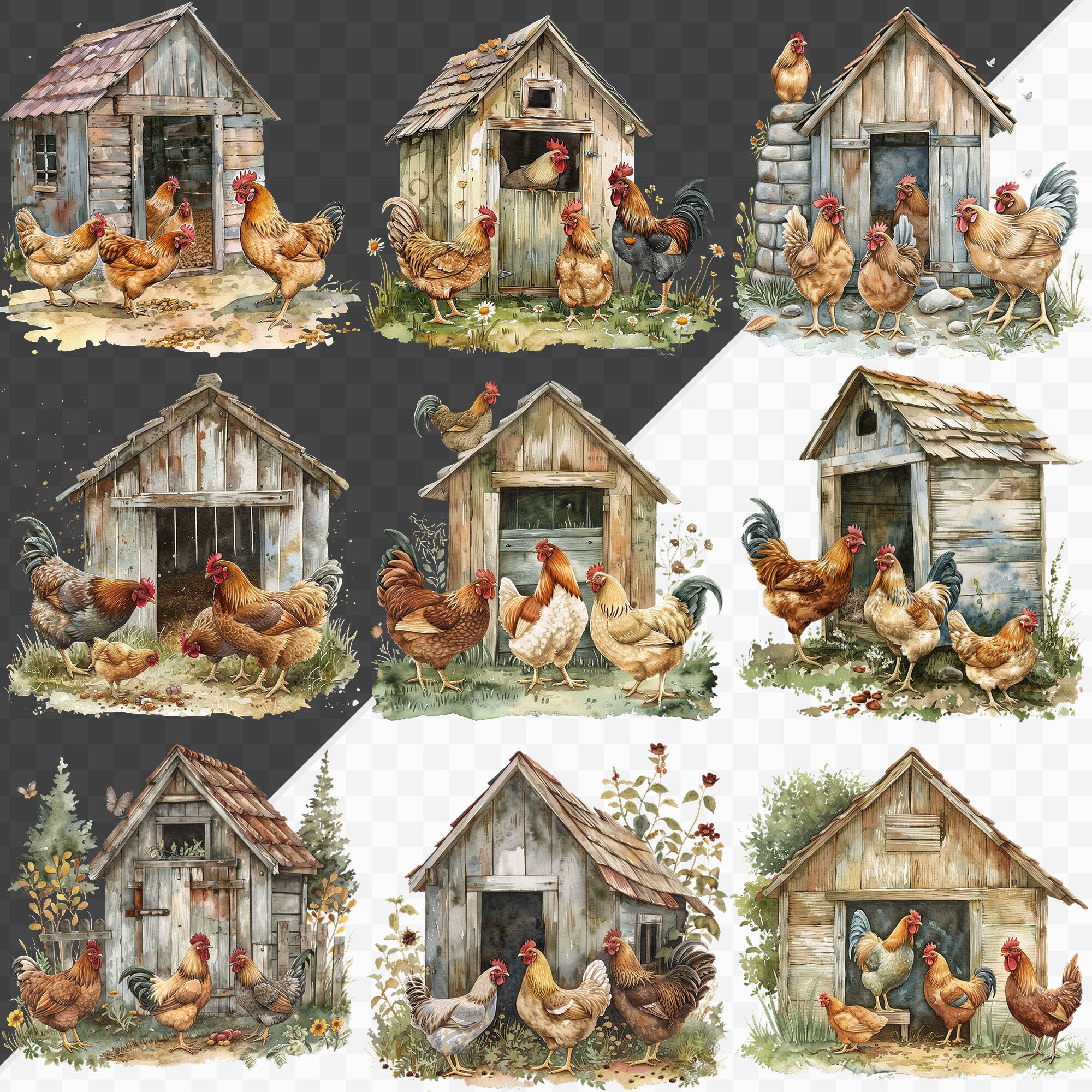 PNG Watercolor Chicken Coop Clipart, Easter, Farm Clipart, Png, Clipart ...
