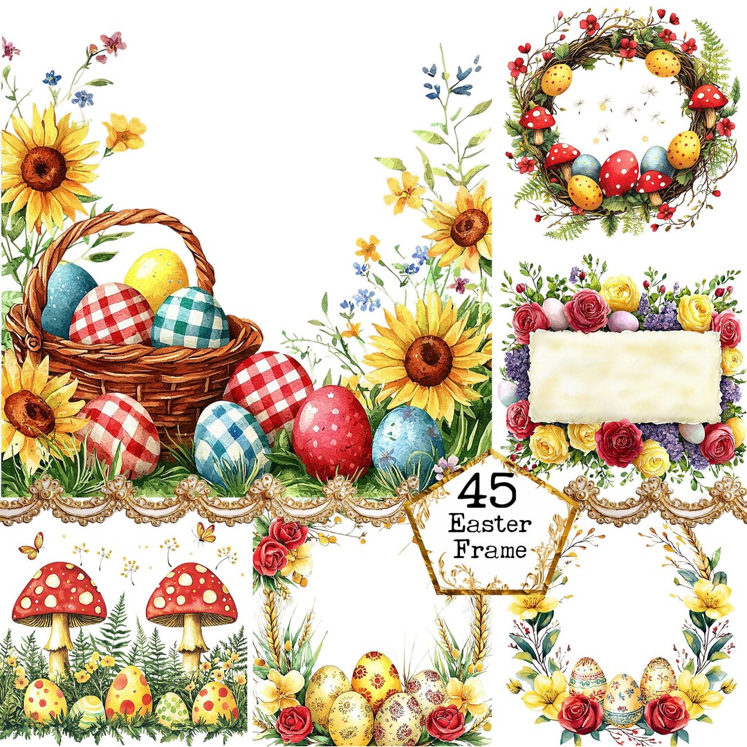 PNG + JPEG Watercolor Easter Egg Frames Clipart Bundle Spring Borders ...