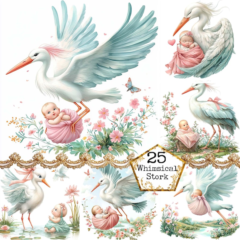 JPEG Watercolor Stork Baby Clipart Bundle Nursery Clipart Baby Shower ...