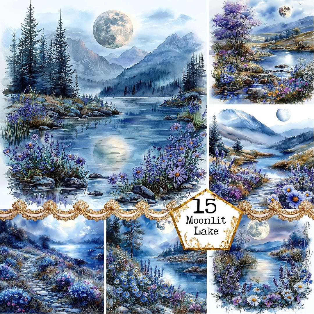 JPEG Watercolor Moonlit Spring Mountain Lake Graphics Spring Clipart ...