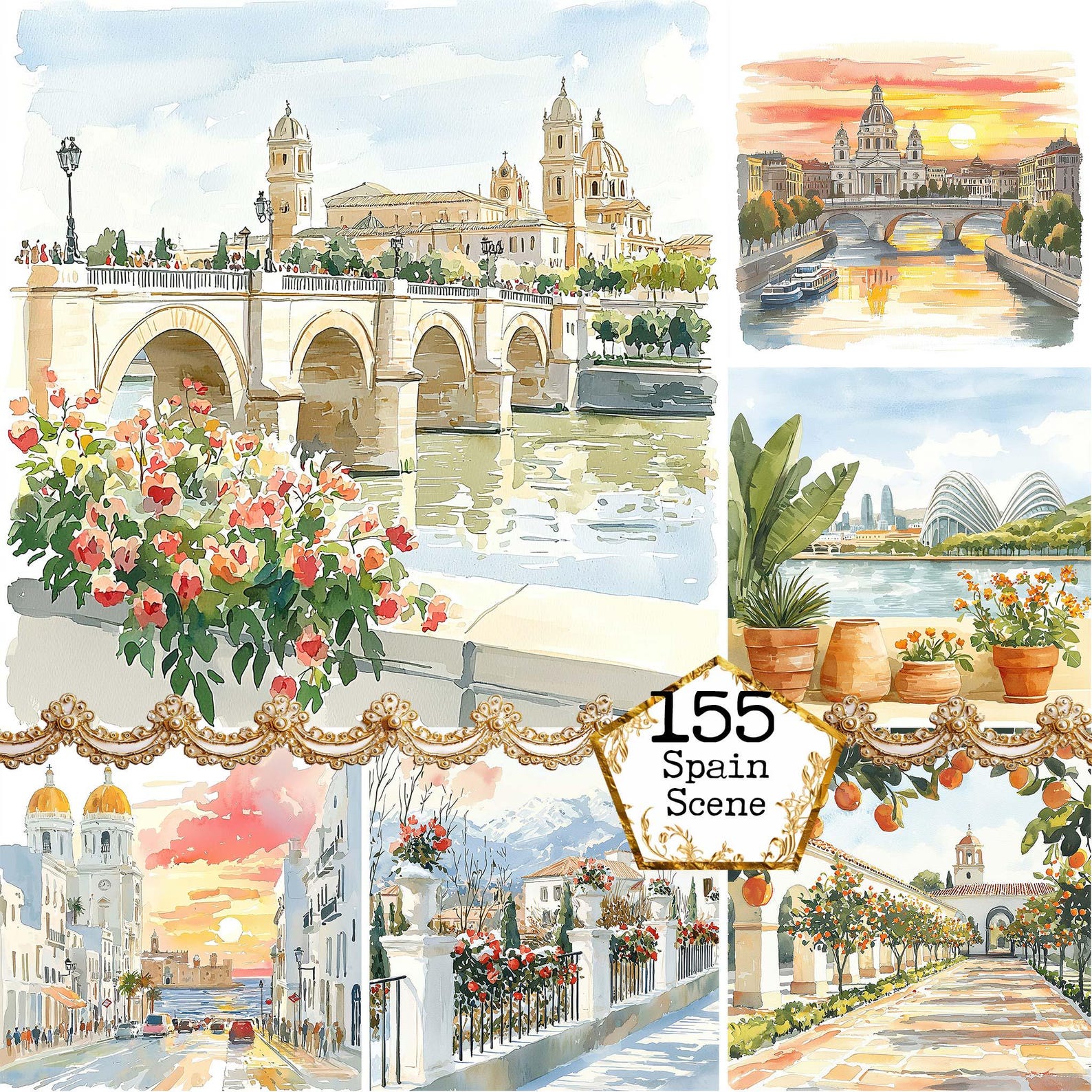 JPEG Watercolor Spain Clipart Bundle Watercolor European City ...