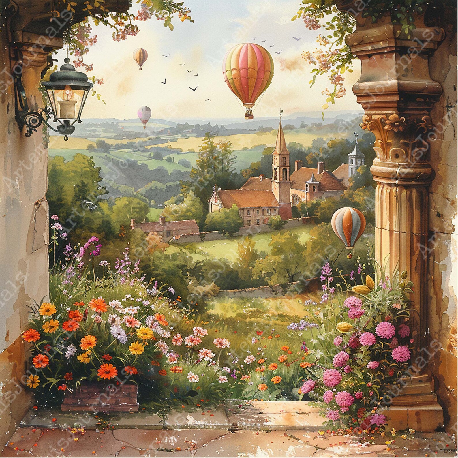 JPEG Shabby Chis Small Village and Air Balloons JPEG Instant Download ...