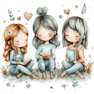 JPEG Watercolor Cute Little Girls Best Friends Clipart Bundle ...